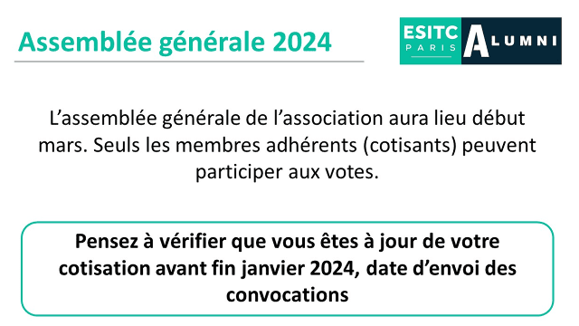 Assemblée générale - Rappel de cotisation | ESITC Paris Alumni